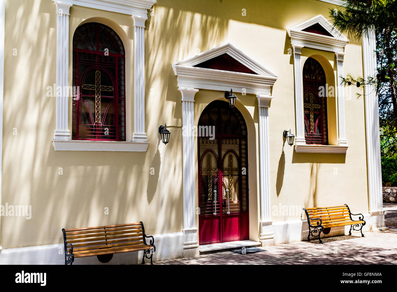 Red Doors at a Church on a Hill – Poros, Kefalonia, Greece Stock Photo ...