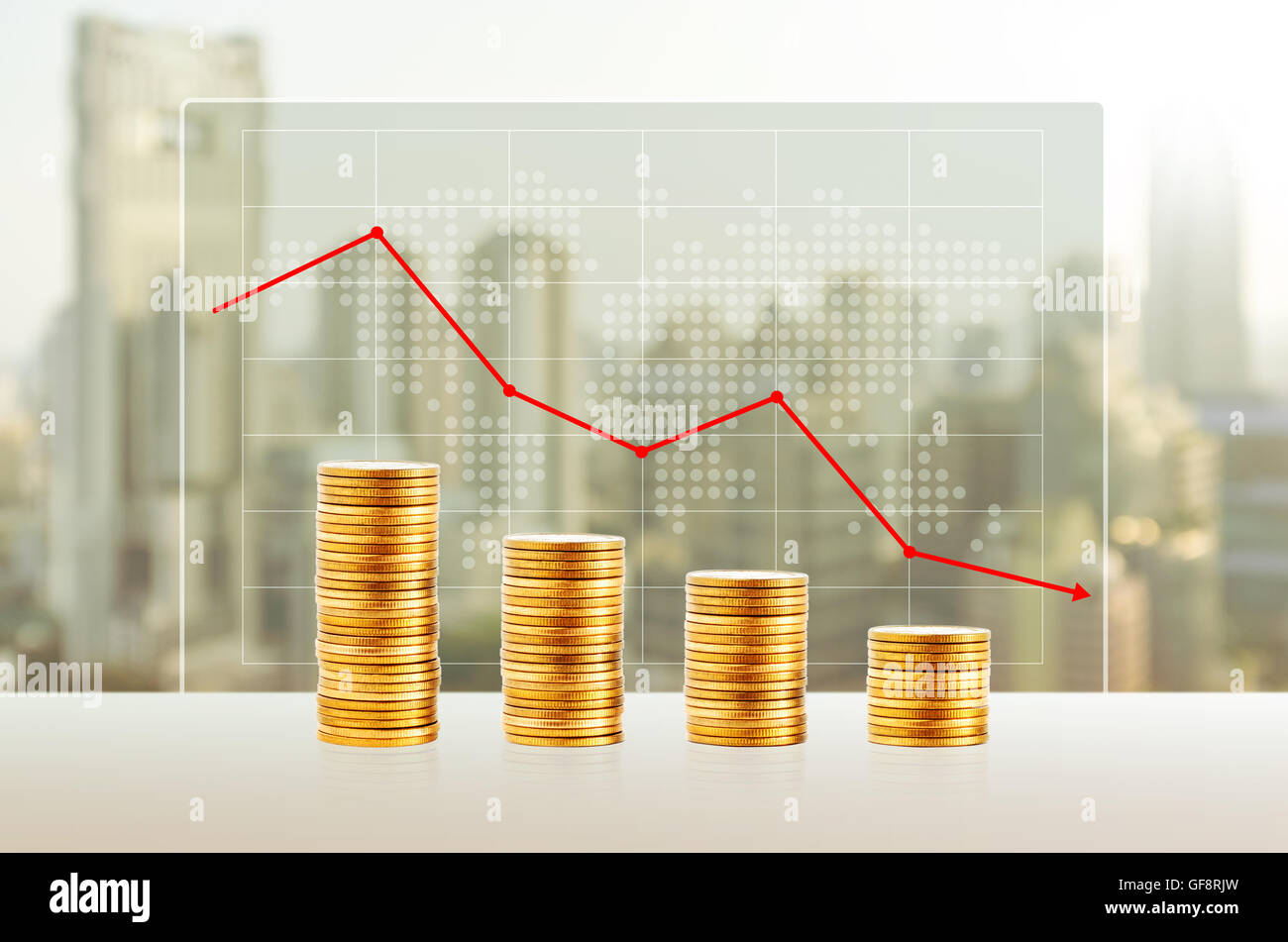 Money loss, Business concept. Gold coin stacks. Finance down with world ...