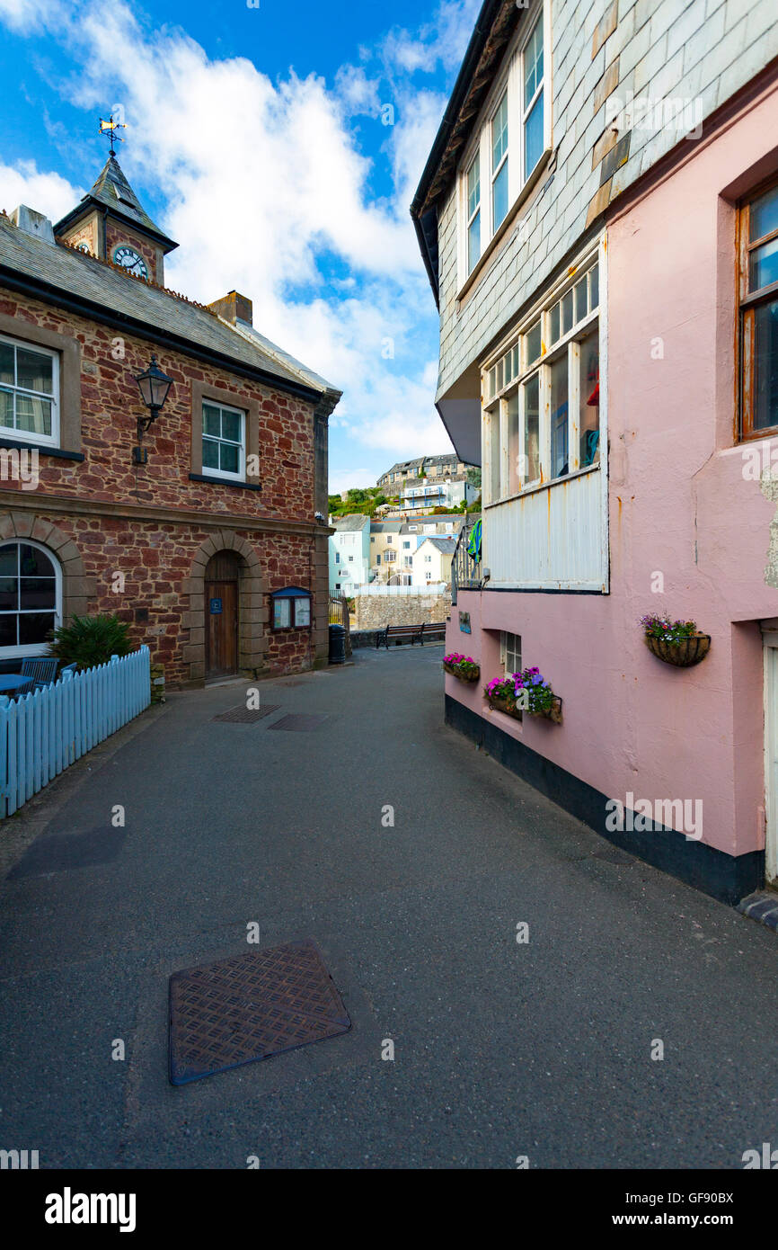 Narrow road in the coastal village of Kingsand that leads to Cawsand ...