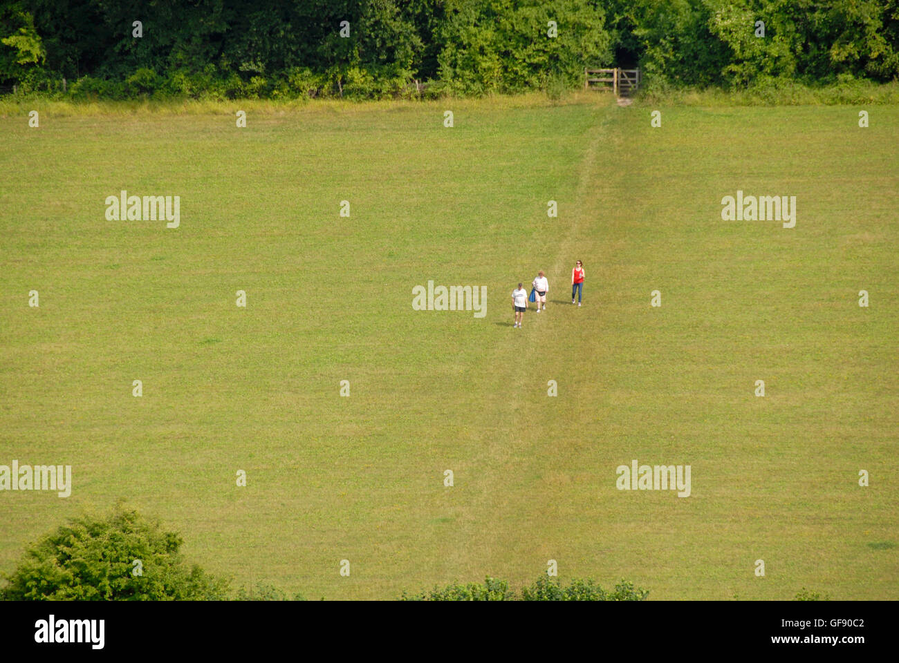 Three people walking along a footpath across a field Stock Photo - Alamy