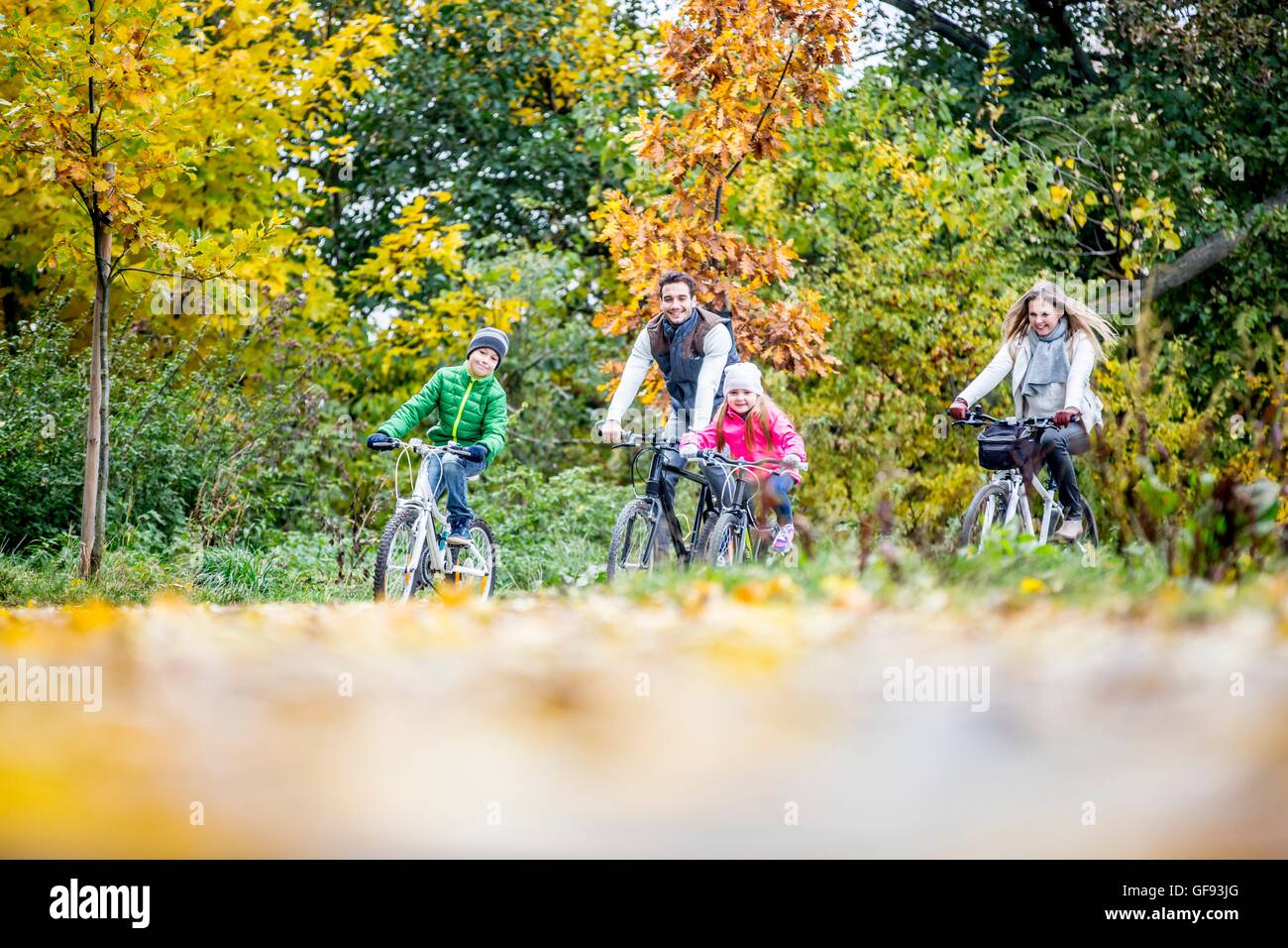 MODEL RELEASED. Family cycling together in autumn Stock Photo - Alamy