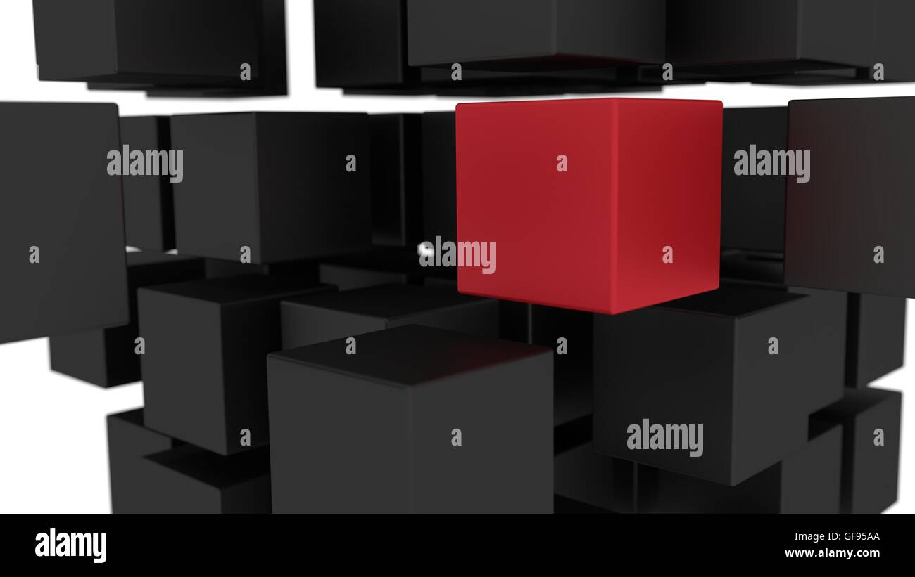 Red unique cube among other boxes in 3d space 3d render Stock Photo - Alamy