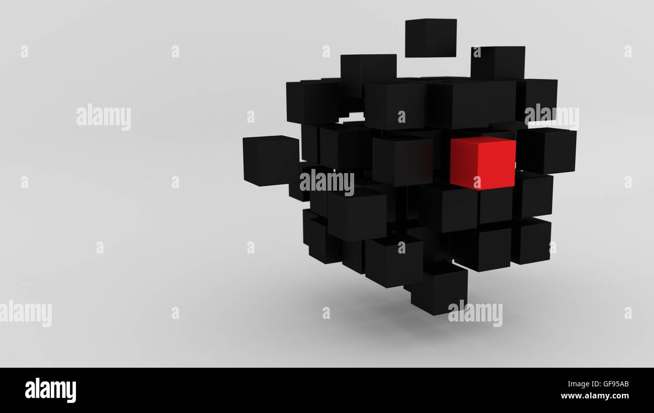 Red unique cube among other boxes in 3d space 3d render Stock Photo - Alamy
