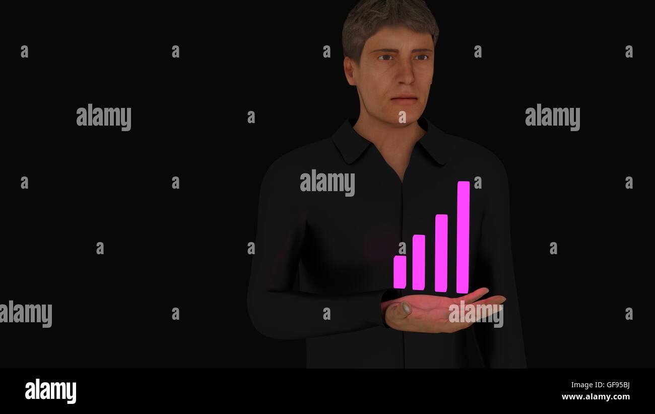 Purple bar graph in man's hand 3d render Stock Photo - Alamy