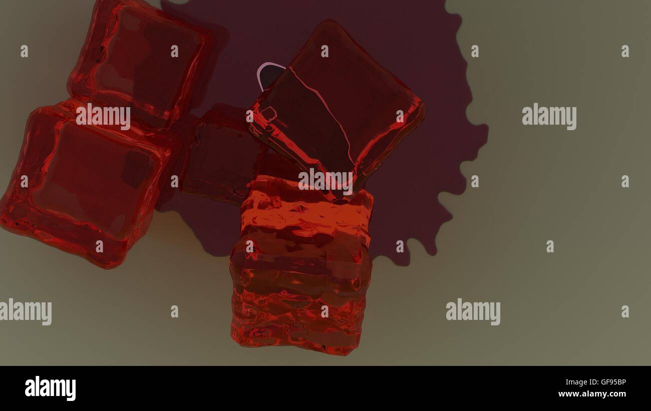 red jello cubes on ground melting 3d render Stock Photo - Alamy