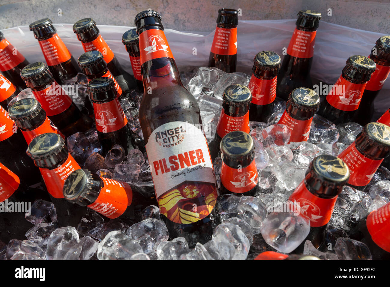 New York, NY USA - July 27, 2016: Angel City Brewery beer on display at ...