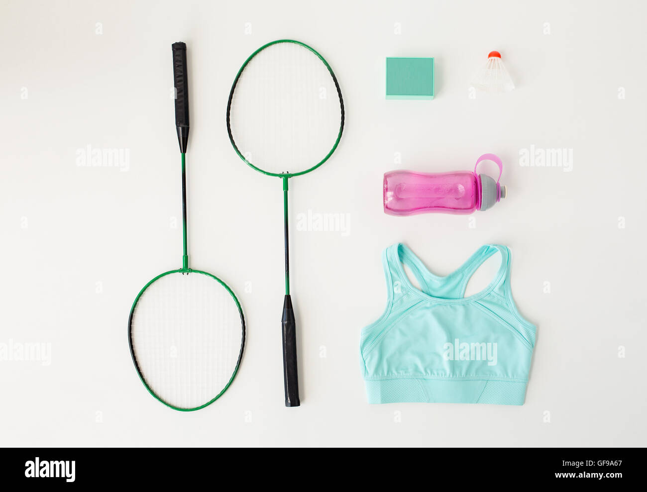 close up of badminton rackets with sports stuff Stock Photo - Alamy
