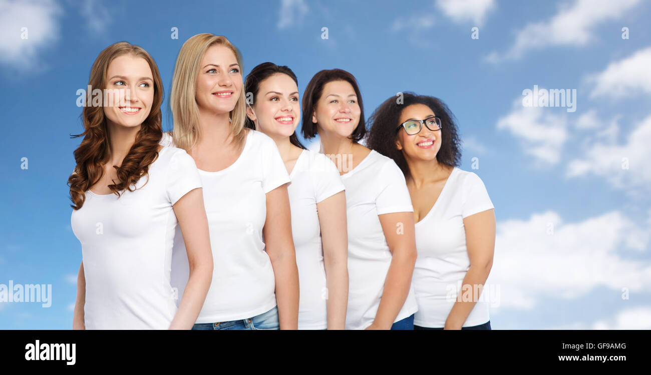 group of happy different women in white t-shirts Stock Photo - Alamy