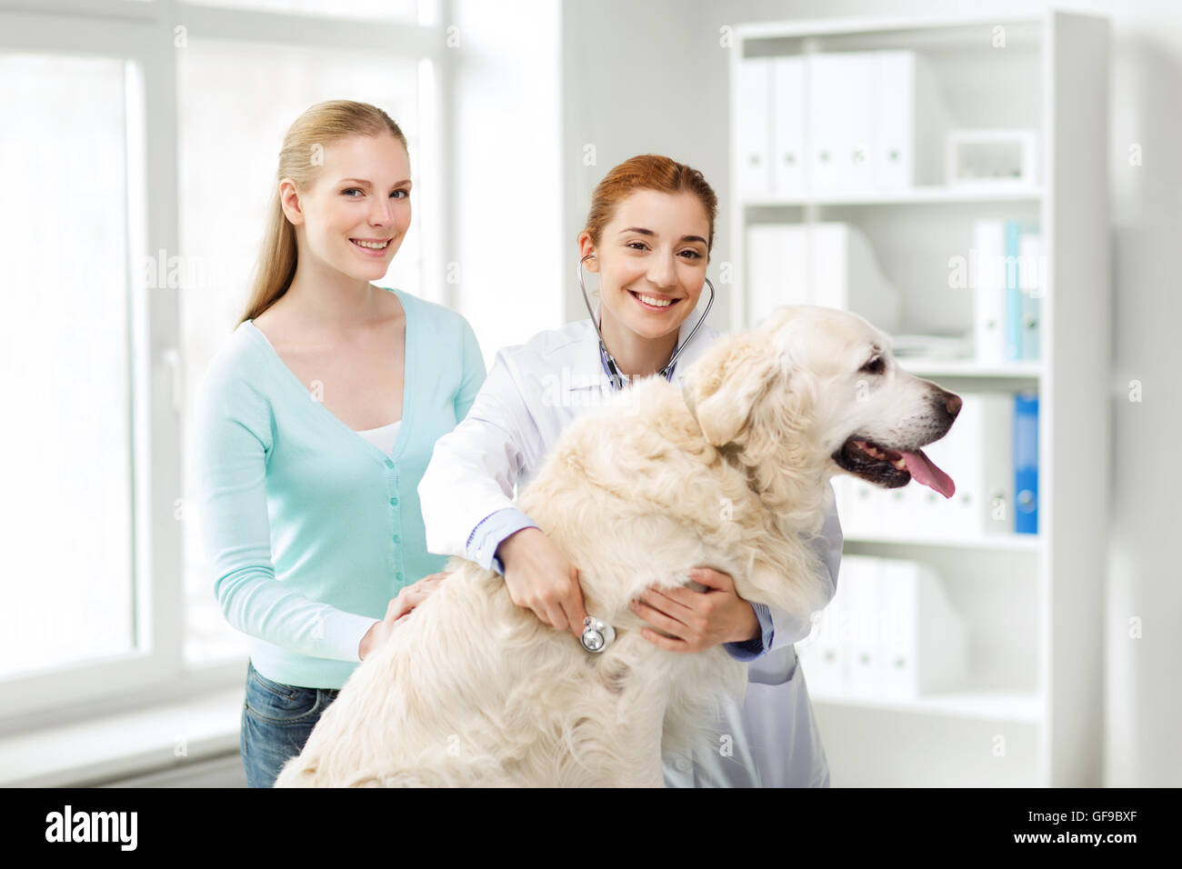 happy woman with dog and doctor at vet clinic Stock Photo - Alamy