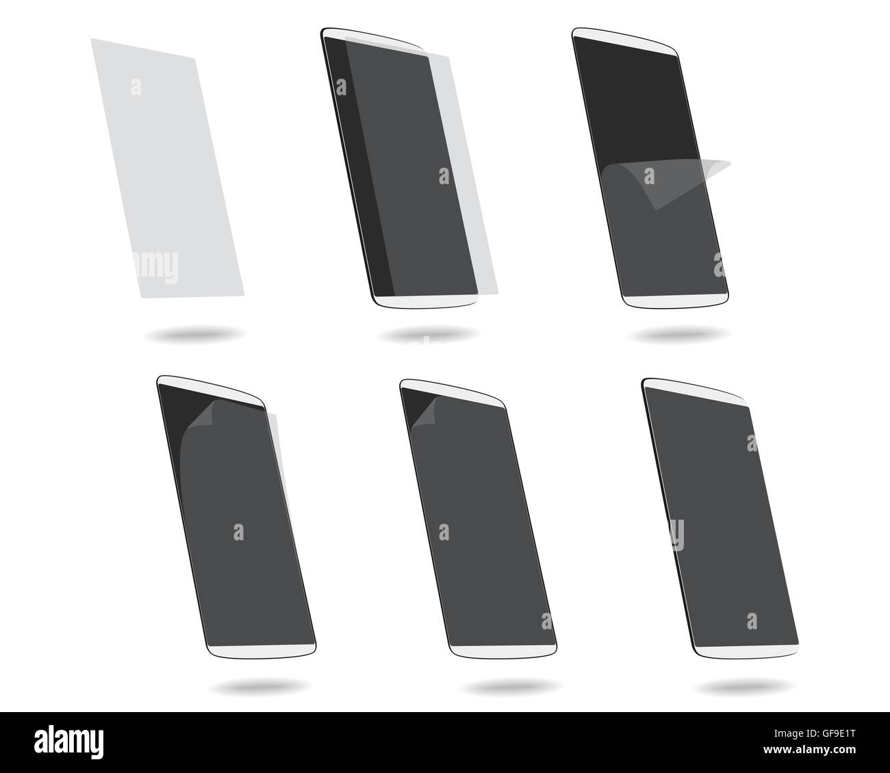 White smart phones protection film on screen set different angles ...