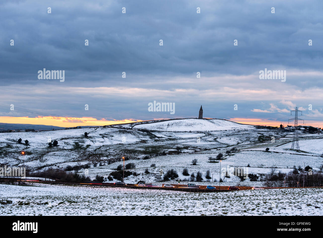 Hartshead Pike is a hill in Tameside in Greater Manchester, England ...