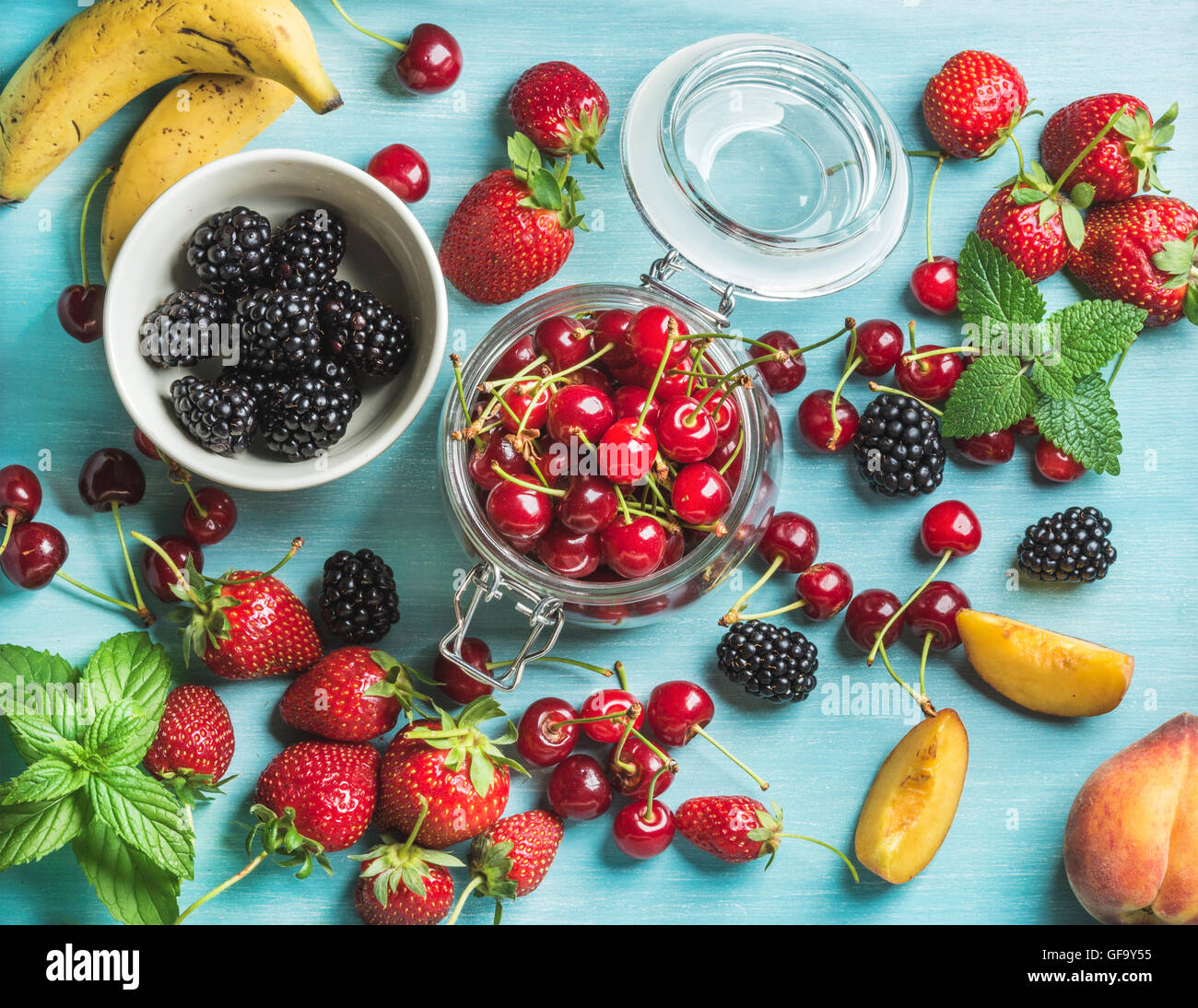 Healthy summer fruit variety. Sweet cherries, strawberries ...