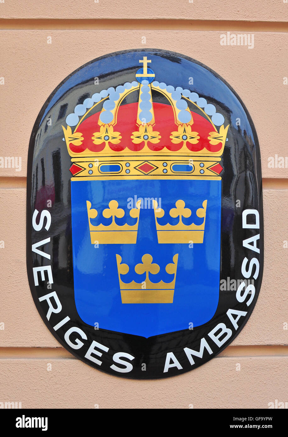 MINSK, BELARUS - NOVEMBER 1: Sweden coat of arms and sign of Sweden ...