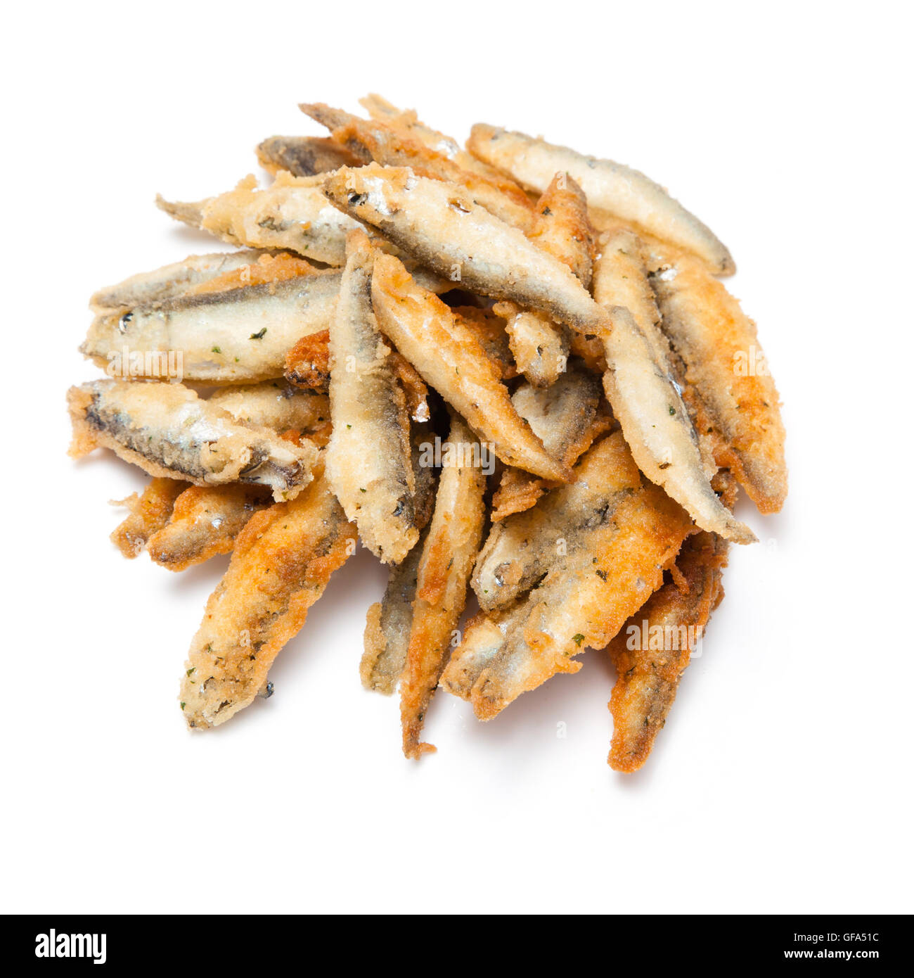 Battered whitebait sprats (Sprattus sprattus) isolated on a white ...