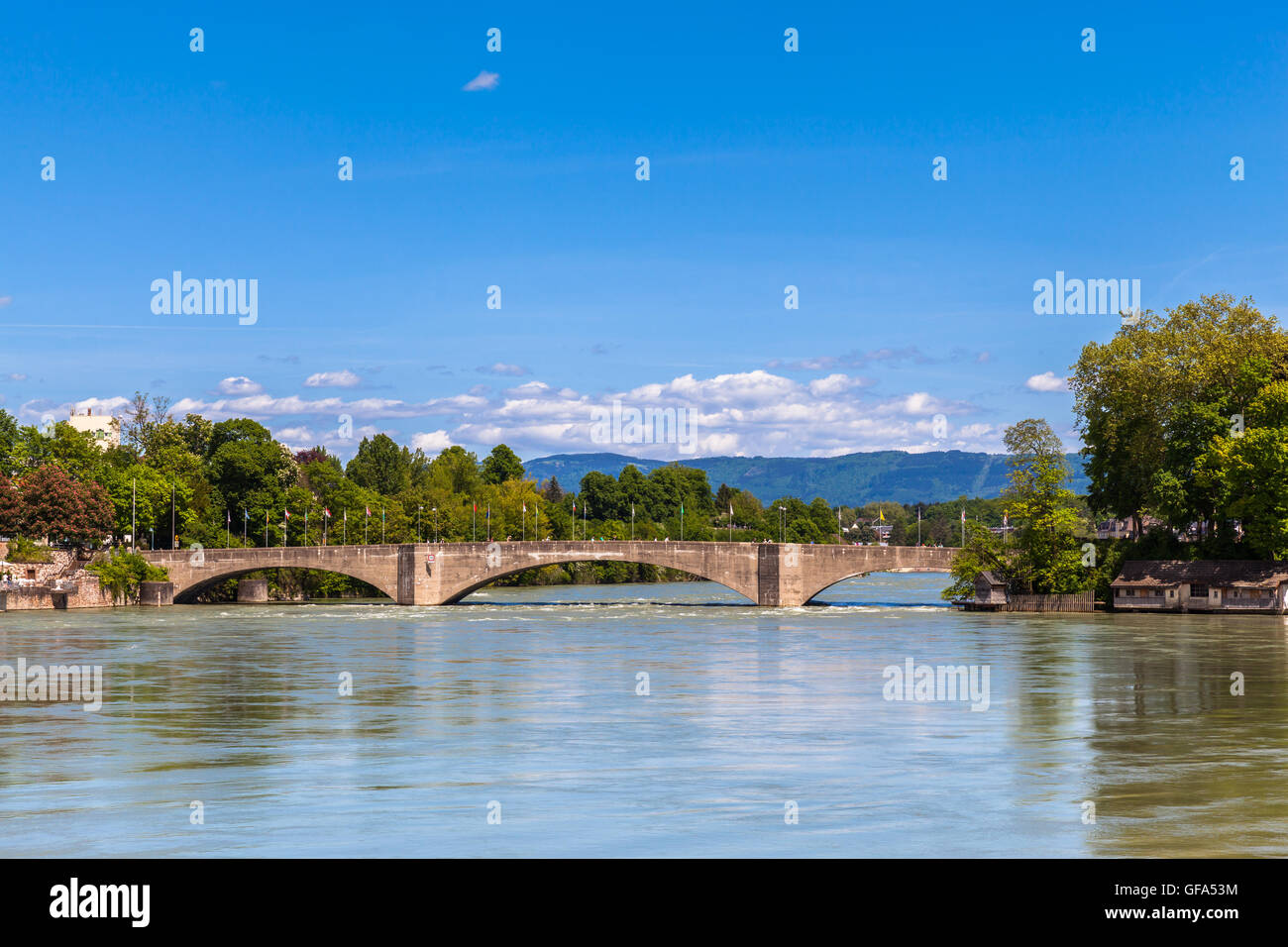 View of Bridge across Rhine River in Rheinfelden on the border between ...