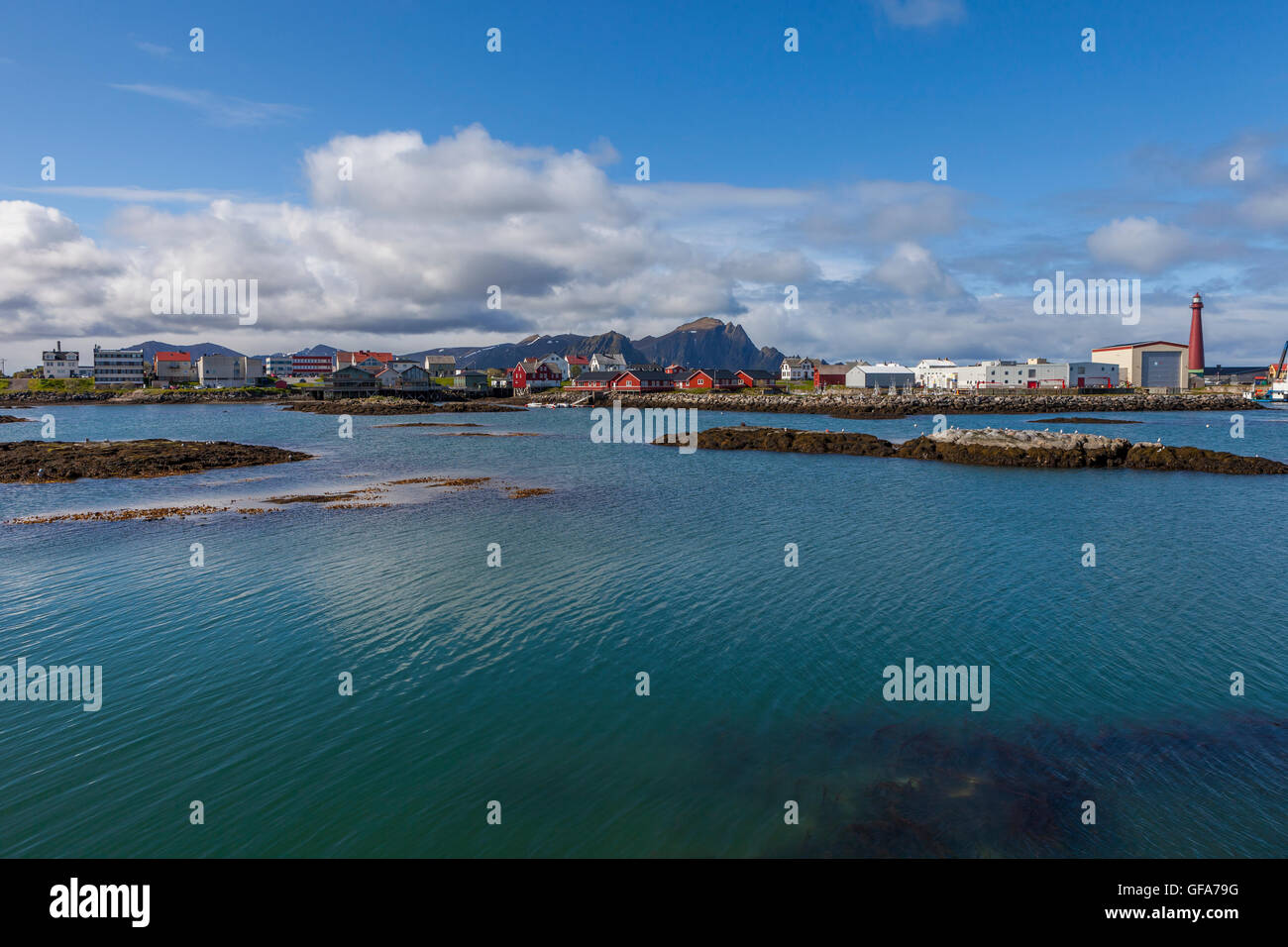 Andenes Lighthouse and town in the Vesteralen Islands, Norway Stock ...