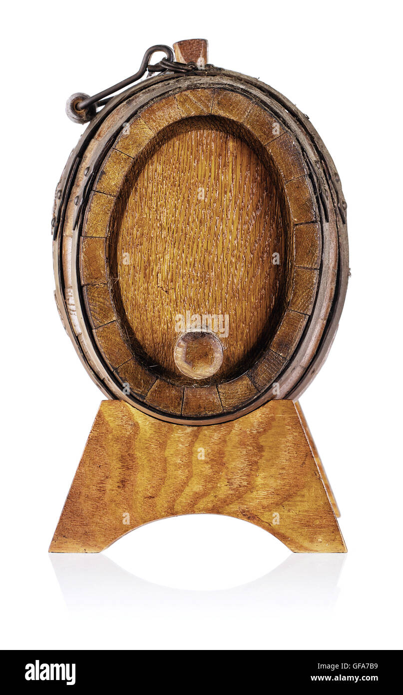 Old wooden barrel with stand remove front isolated on white background ...