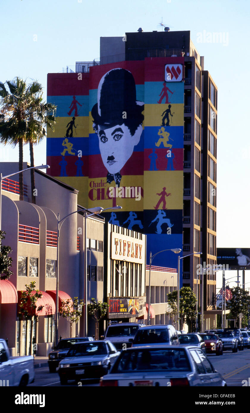 Giant image of Charlie Chaplin on the side of a building ion the Sunset ...