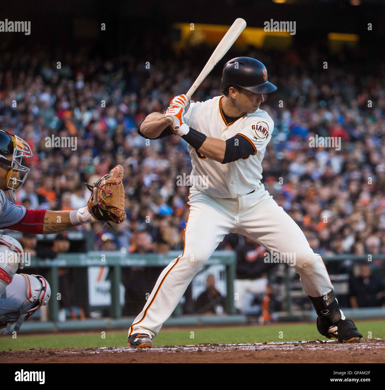 San Franciso, CA, USA. 29th July, 2016. Buster Posey watches a pitch ...