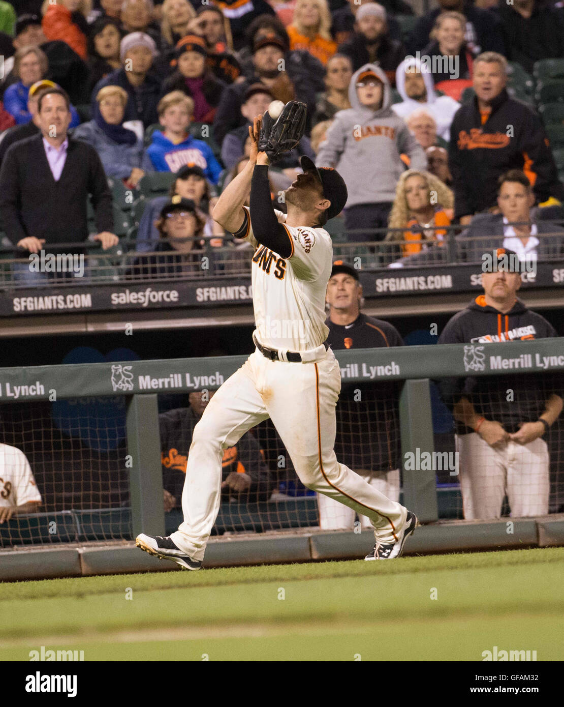 San Franciso, CA, USA. 29th July, 2016. Conor Gillaspie grabs a pop fly ...