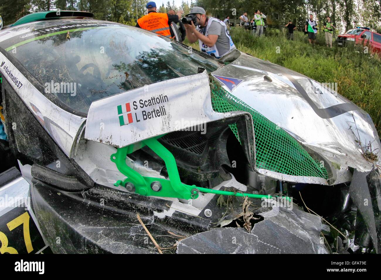 WRC Rally of Finland, stages 13-14. BERTELLI with a heavily damaged car ...