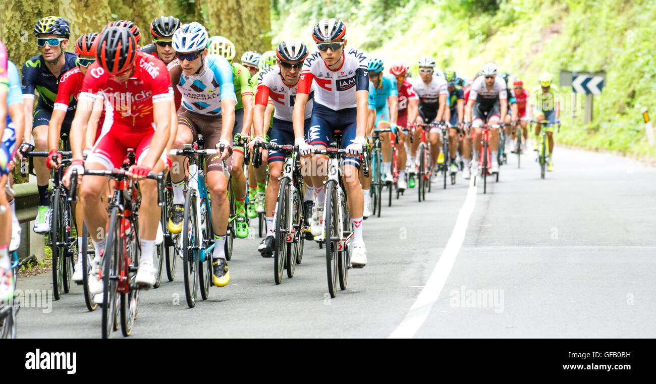 San Sebastian, Spain. 30th July, 2016. Peloton rides during the climb ...