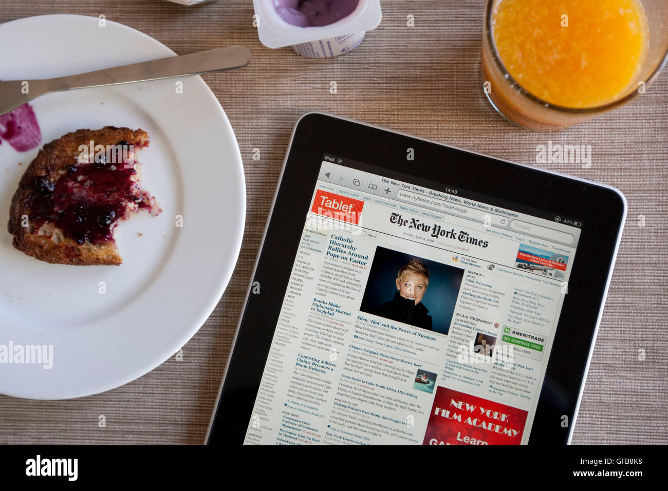 View of an Apple iPad device displaying the New York Times newspaper's ...
