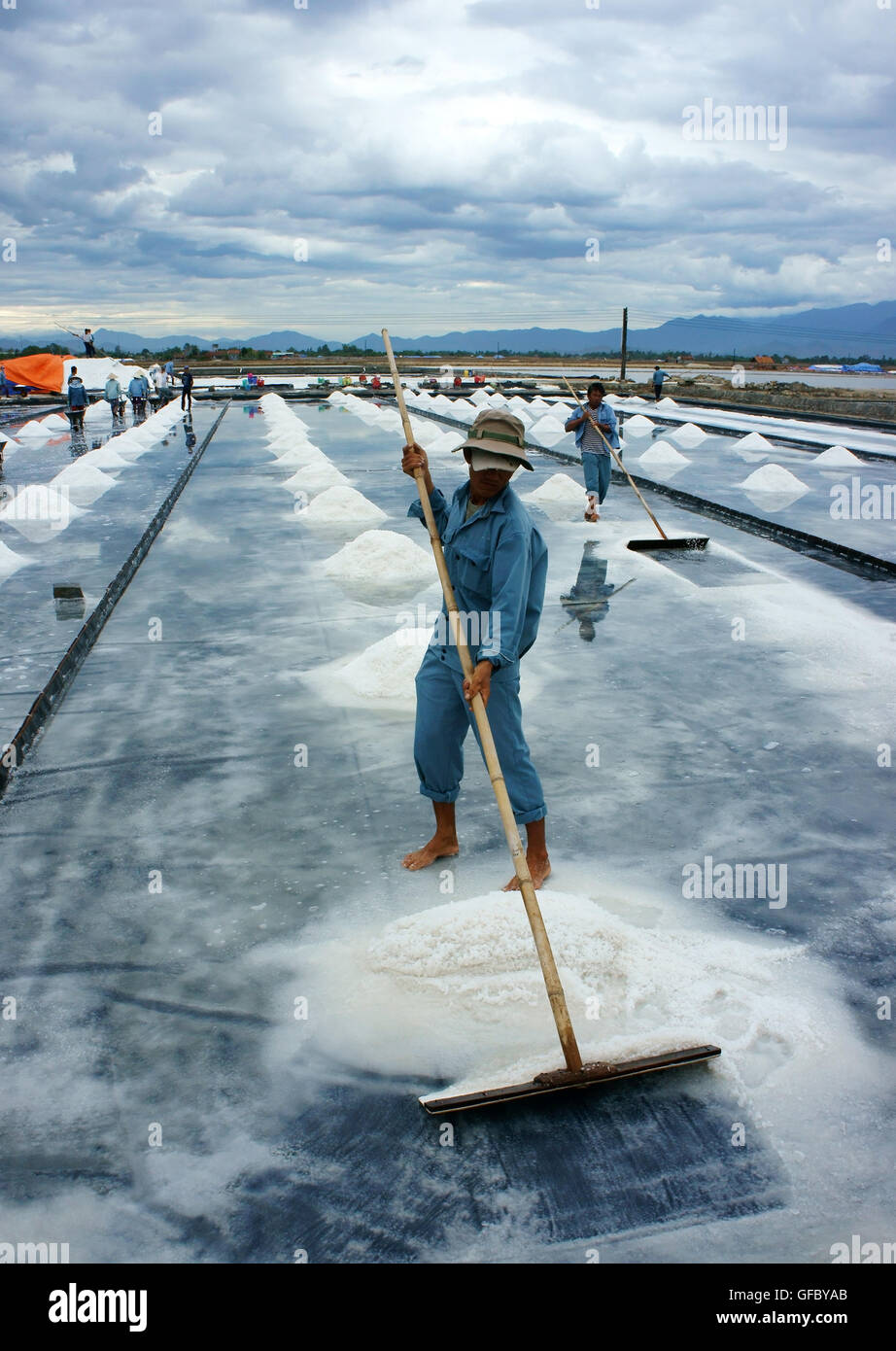 KHANH HOA, VIET NAM, Group of Asia worker working on salt marsh ...