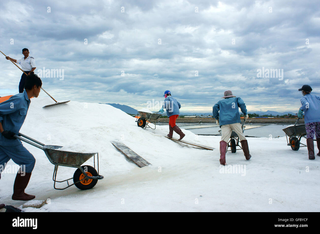 KHANH HOA, VIET NAM, Group of Asia worker working on salt marsh ...