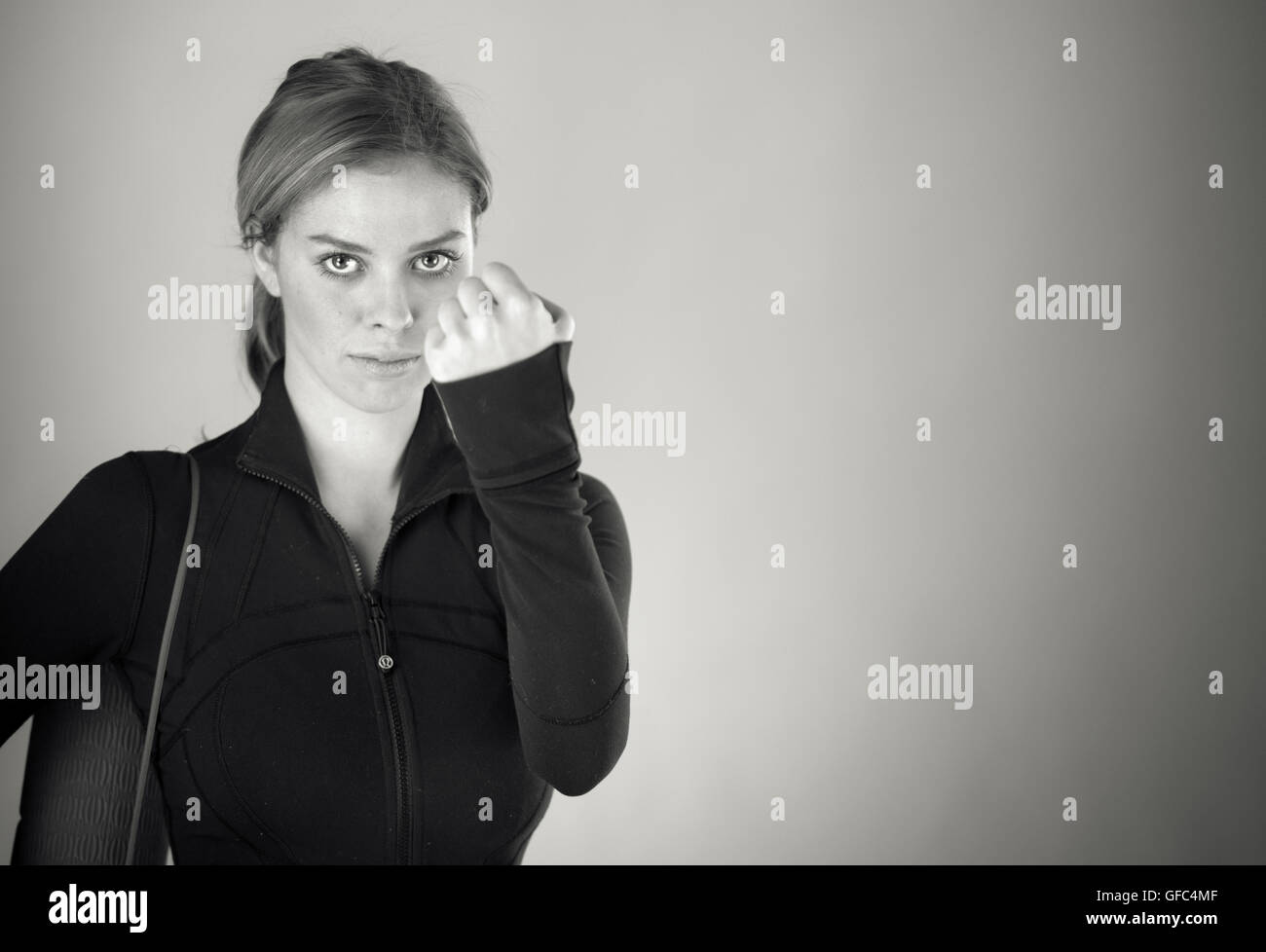 female model attractive woman on plein background with copy space upset ...