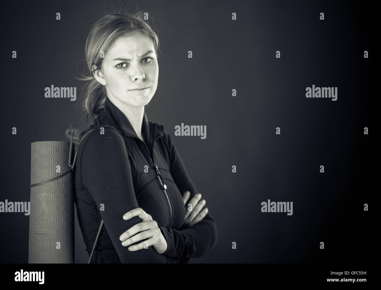 female model attractive woman on plein background with copy space upset ...