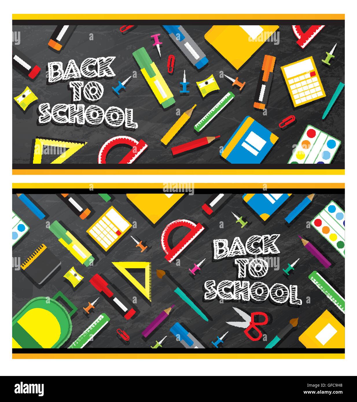 Set of back to school banners. School supplies on blackboard background ...