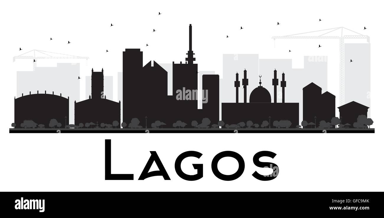 Lagos City skyline black and white silhouette. Vector illustration ...