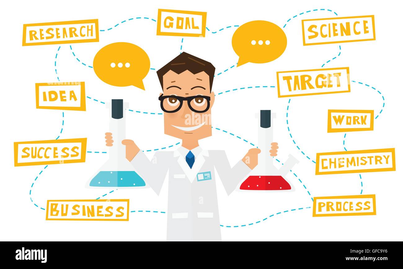 Scientist with lab flask and elements of infographics. Vector ...