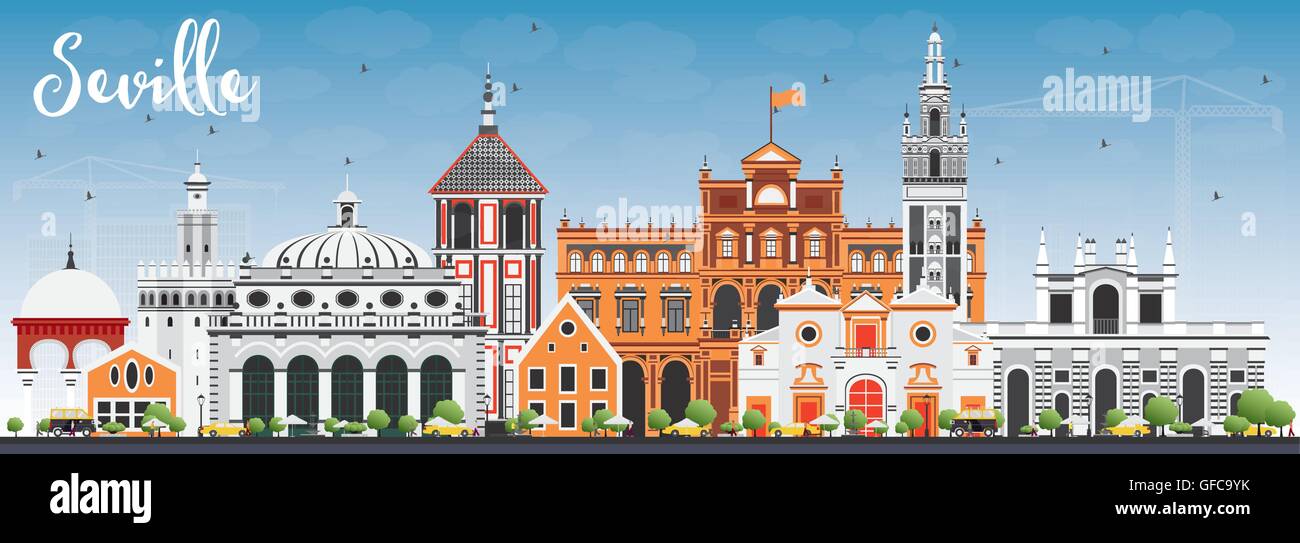 Seville Skyline with Color Buildings and Blue Sky. Vector Illustration ...
