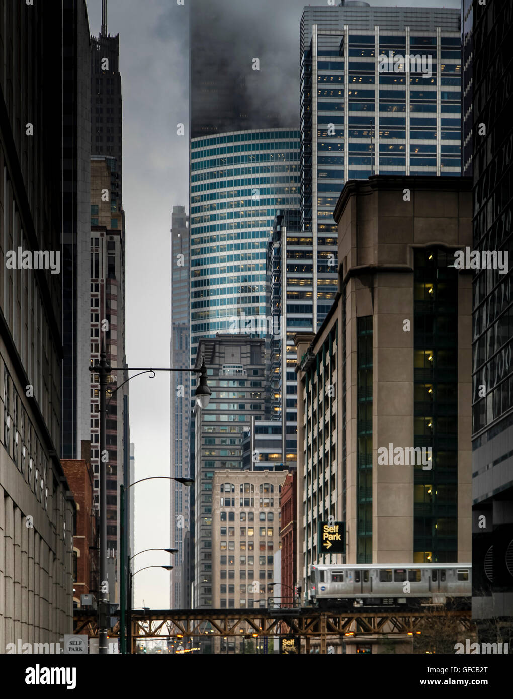 Train crossing a bridge in a city, Lake Street Bridge, Chicago River ...