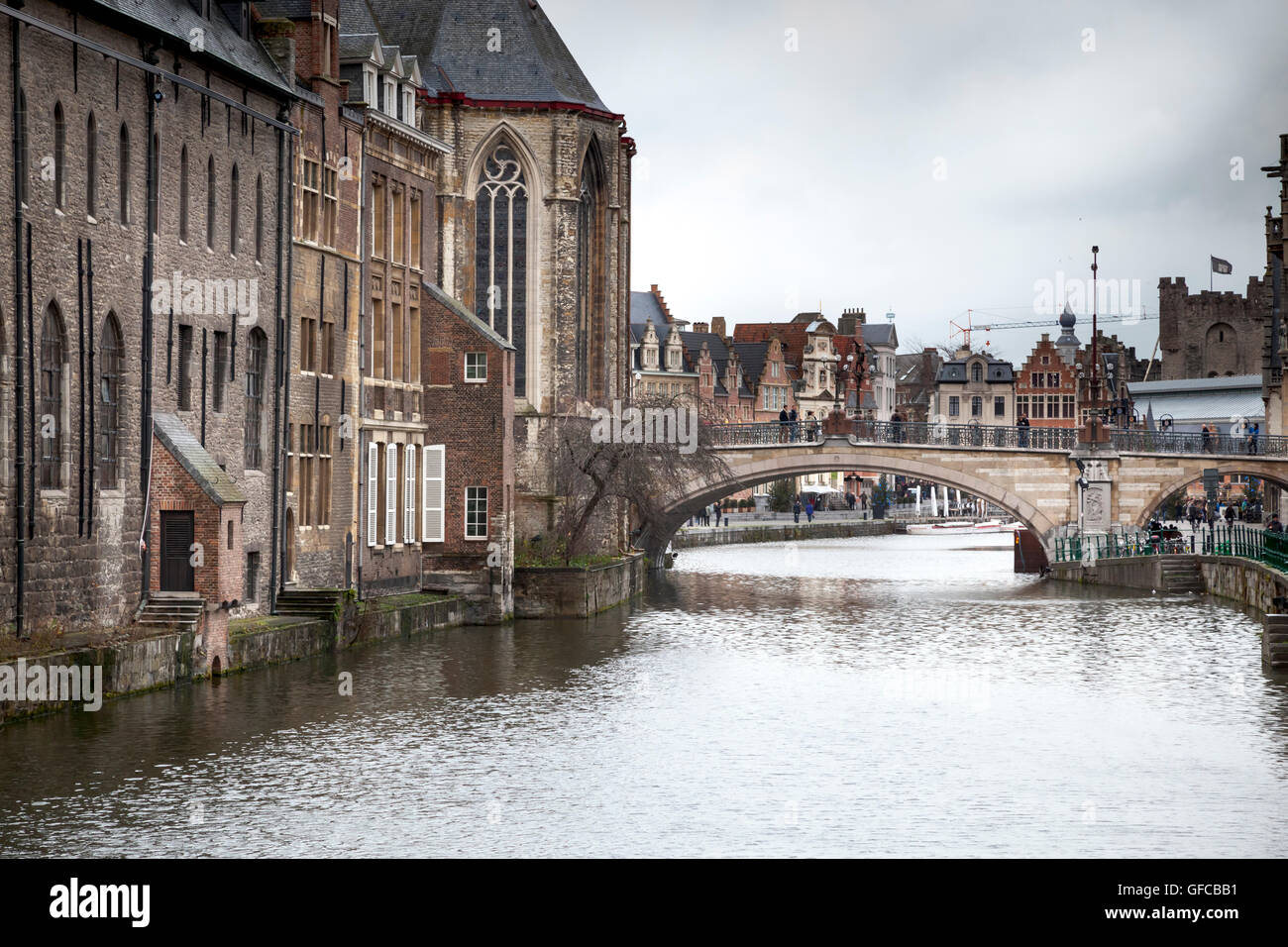 Arch bridge across a river, Saint Michael's Bridge, River Lys, Ghent ...