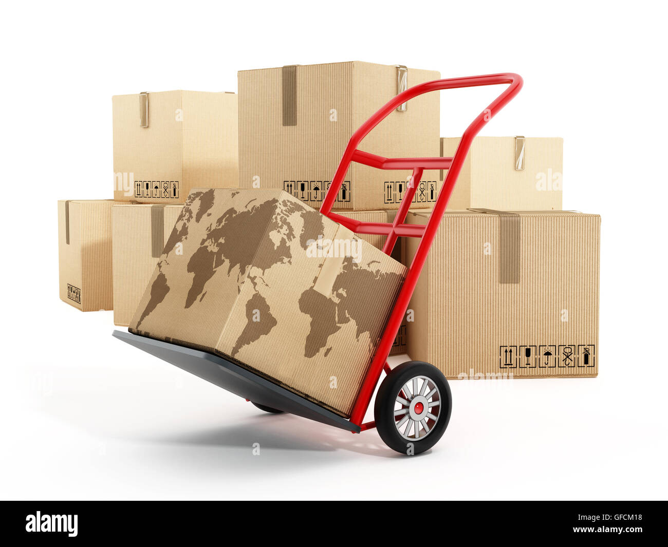 Cardboard boxes with earth shape on truck hand trolley. 3D illustration ...