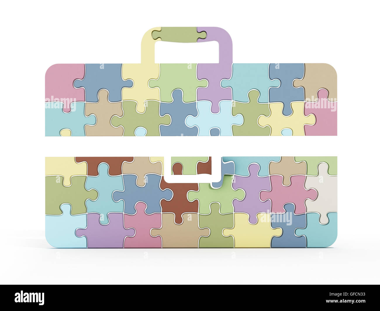 Multi colored puzzle pieces forming briefcase icon. 3D illustration ...