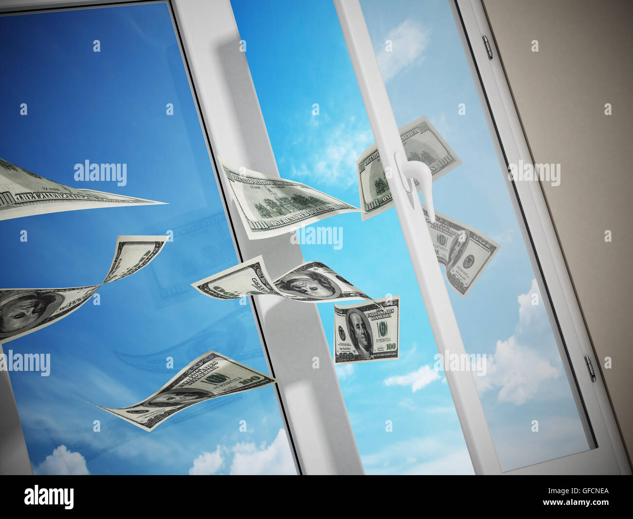 Dollars flying out of the window. 3D illustration Stock Photo - Alamy