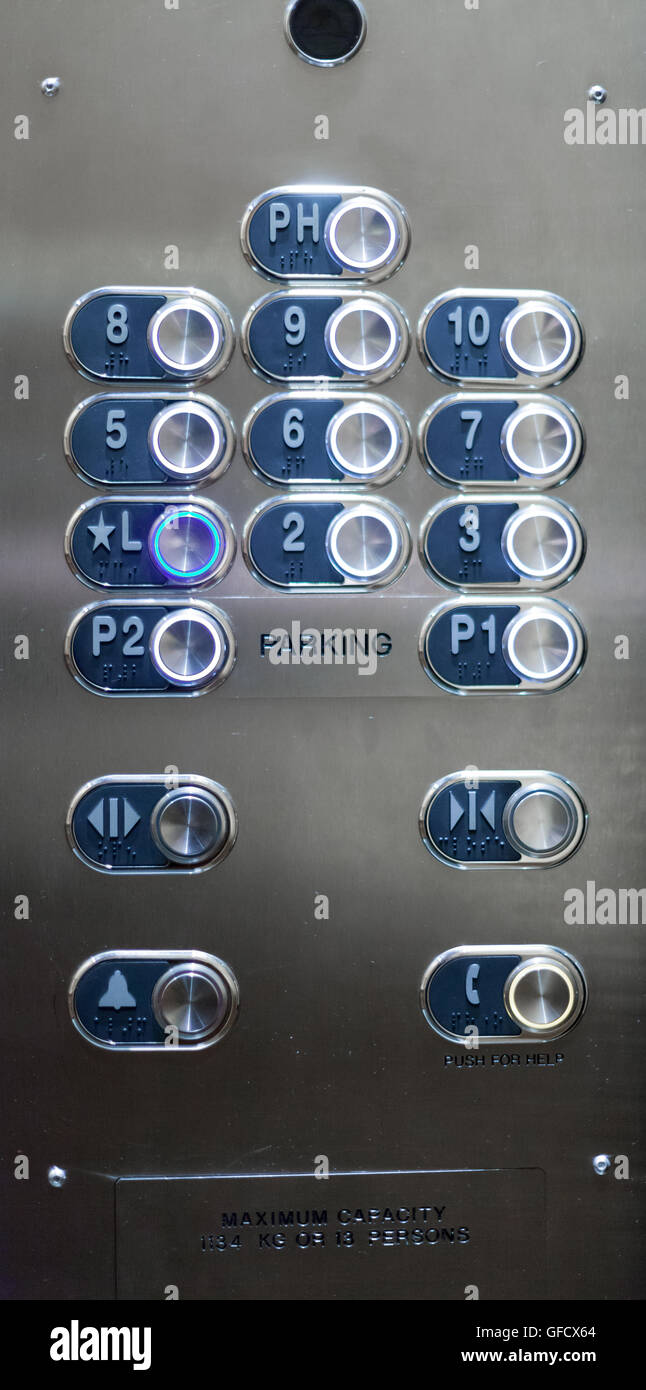 Full frame of numbered buttons with braille markings on elevator ...