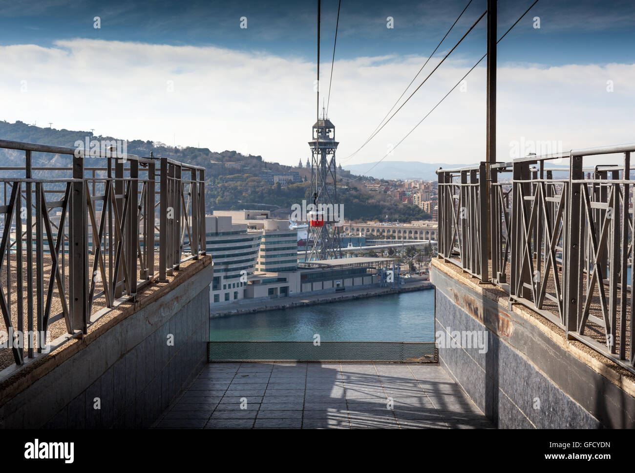 San Sebastian cable car tower of Barceloneta district, Barcelona ...