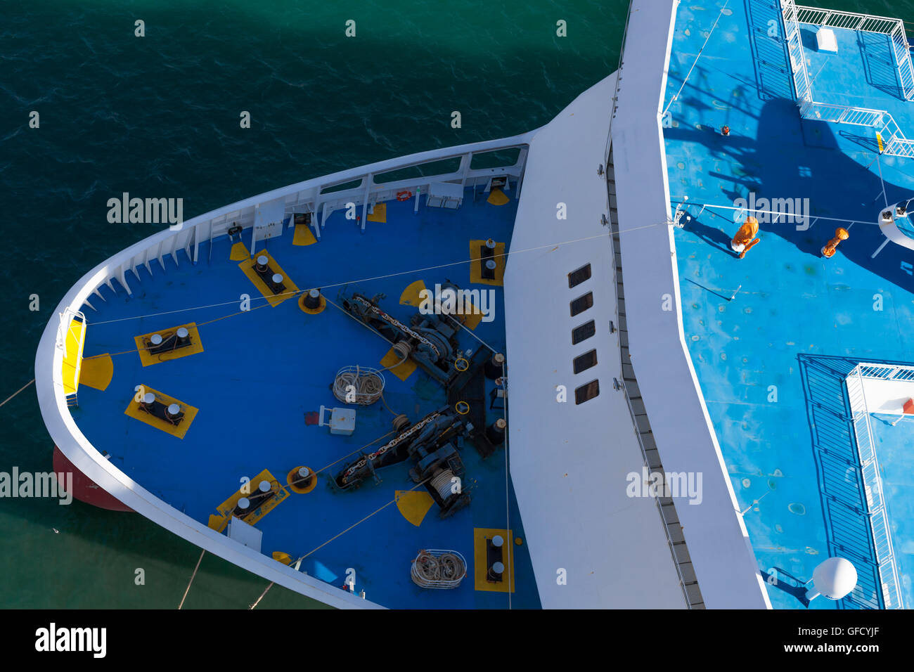 Elevated view of cruise ship bow showing the anchoring machinery ...