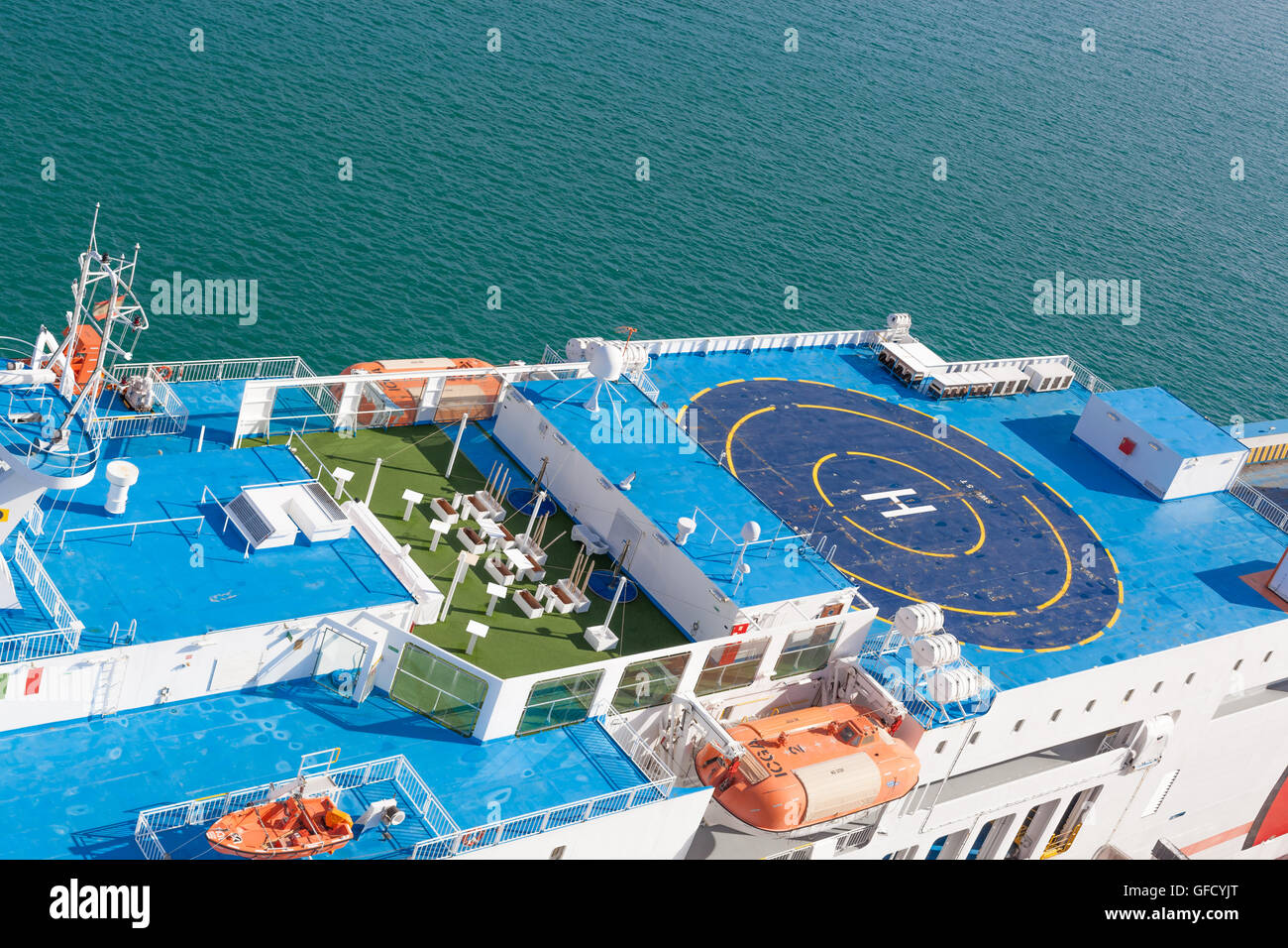 Overhead view of helipad of a ship, Barcelona, Catalonia, Spaincolor ...