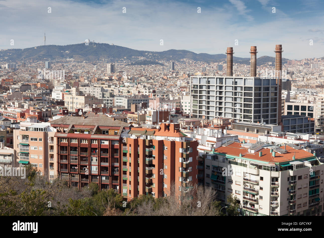 The chimneys of an old thermal power station in Parallel avenue seen ...