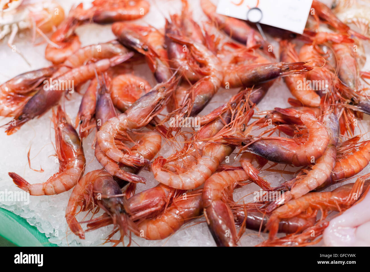 Display frozen prawns for sale at a market, La Boqueria Market ...
