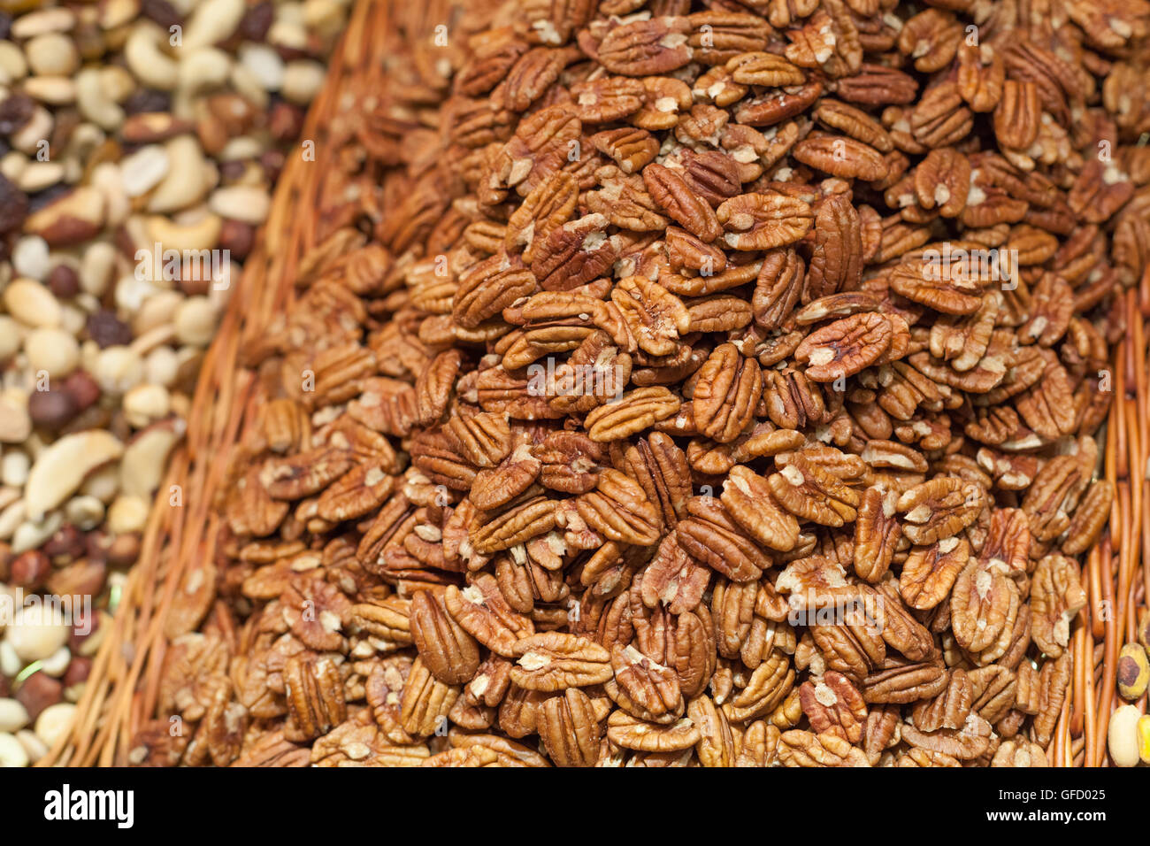 Pecan peanuts on sale at a market stall, La Boqueria Market, Barcelona ...