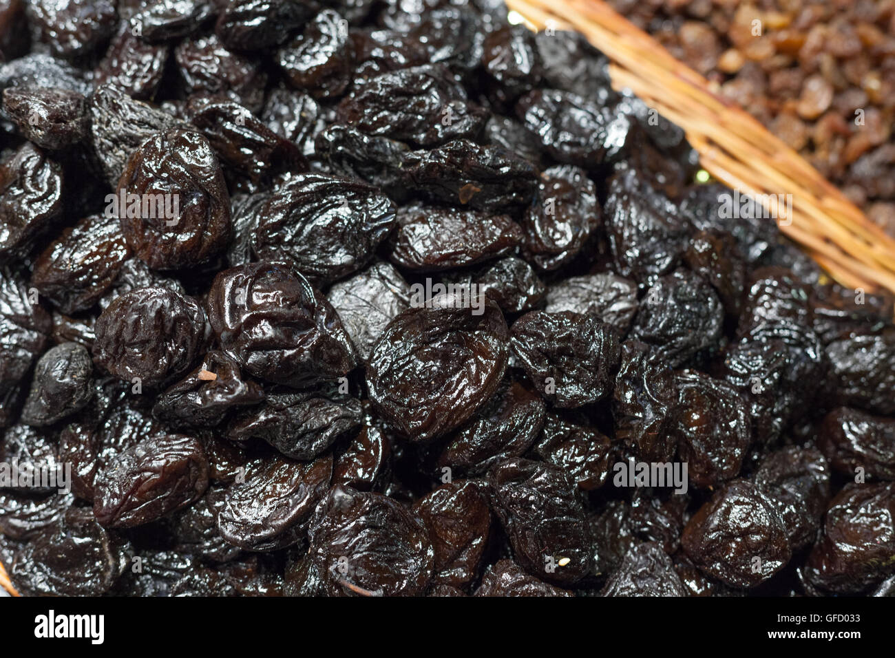 Dried plums for sale at a market stall, La Boqueria Market, Barcelona ...