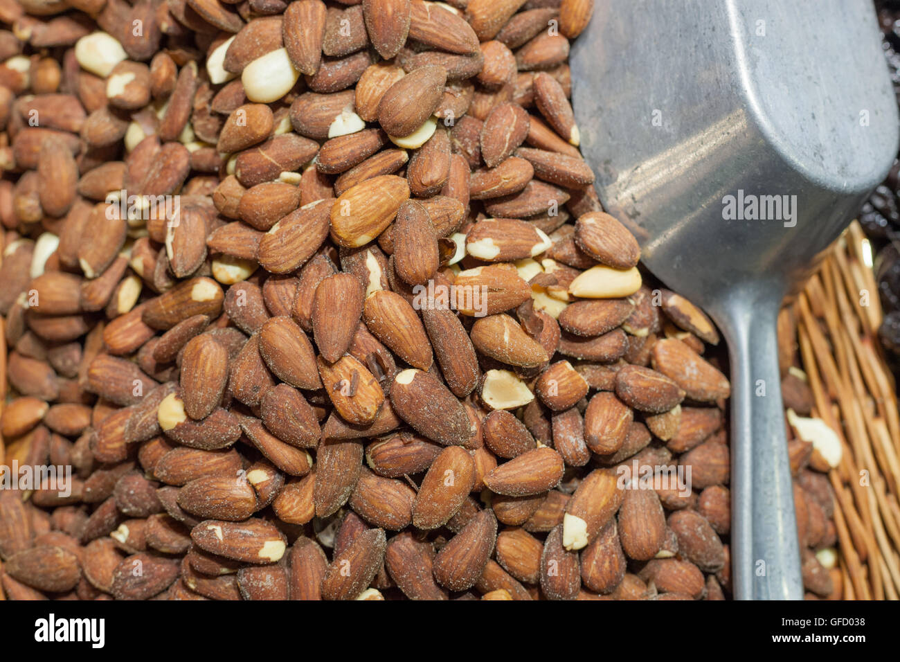 Salted almond nuts for sale at a market stall, La Boqueria Market ...