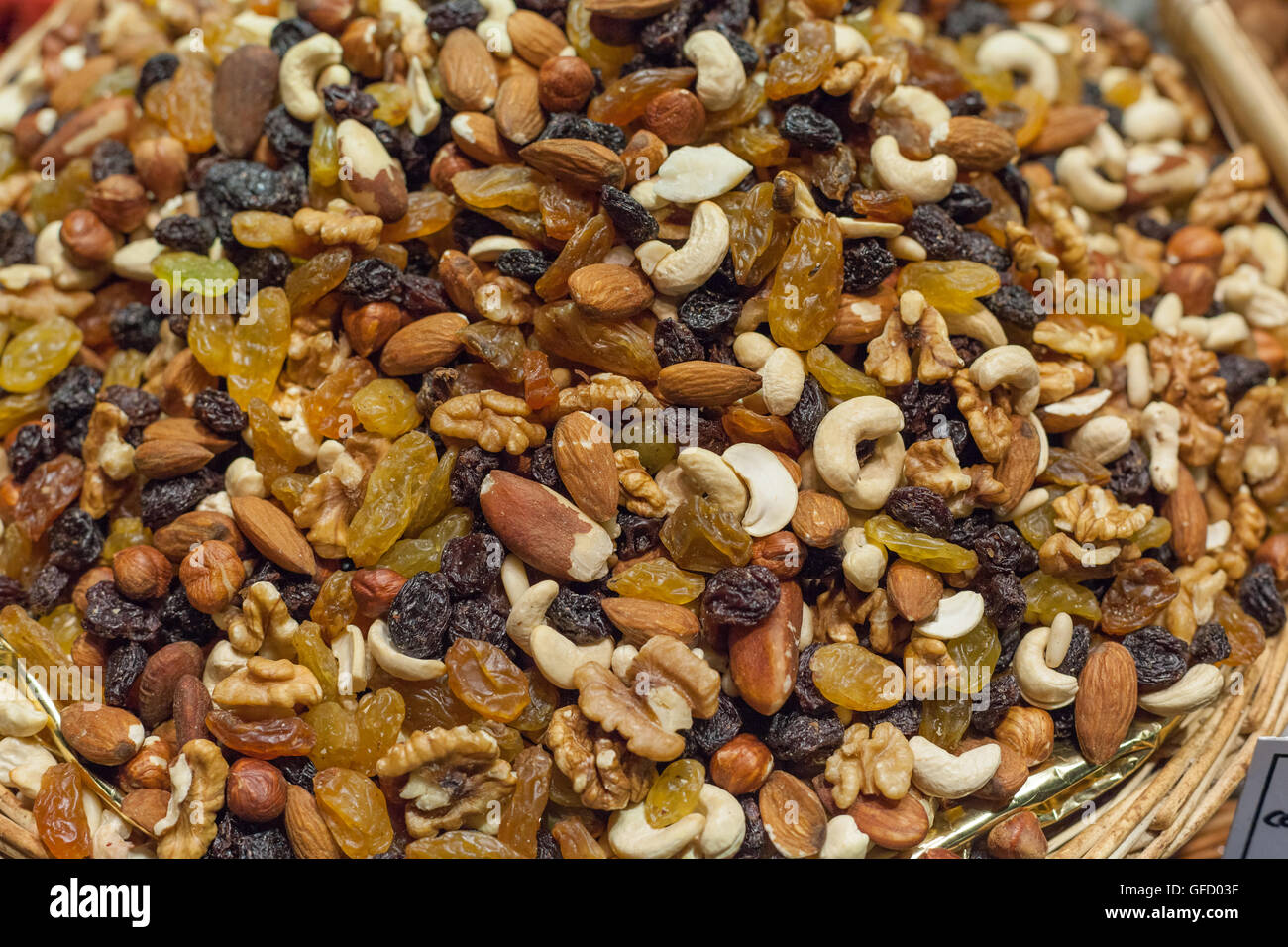 Mixture of dry fruits for sale at a market stall, La Boqueria Market ...